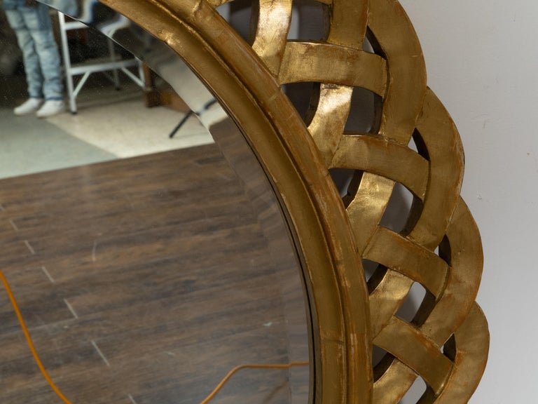 French Round Giltwood 19th Century Mirror with Woven Trellis Inspired ...