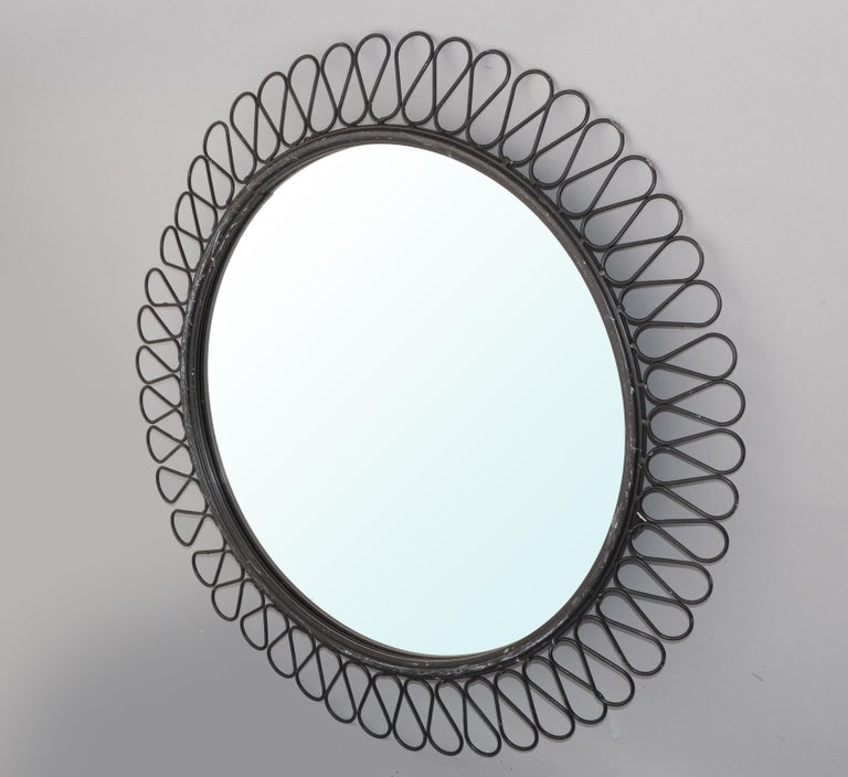 French Round Wrought Iron Wall Mirror Art Deco Style Black Distressed ...