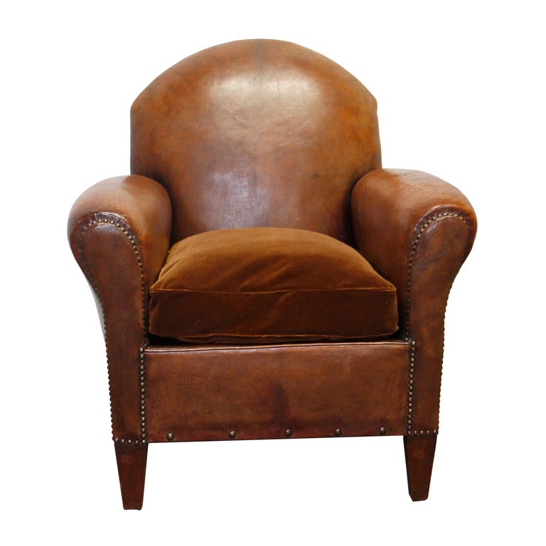 French Roussillon Brown Leather Studded Club Chair w/ Curved Back and ...
