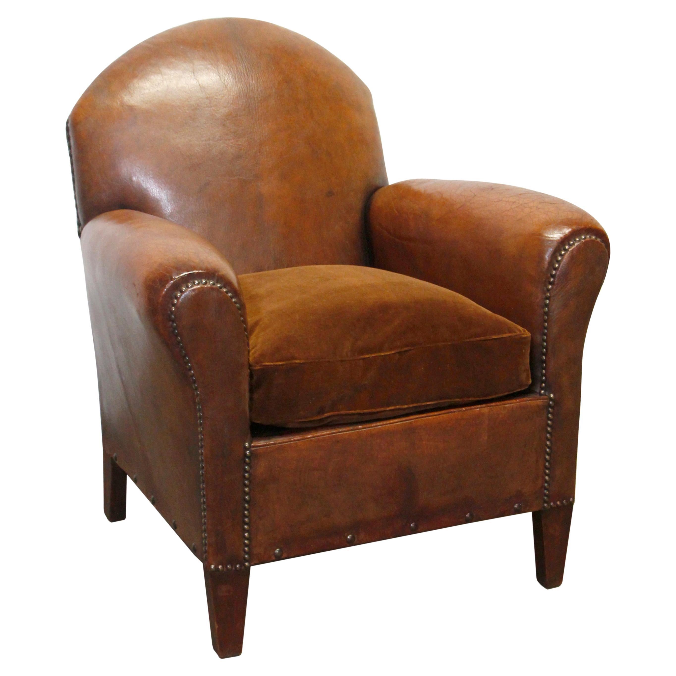 French Art Deco Club Chair with Curved Arms and Sides in Grey Nubuck ...