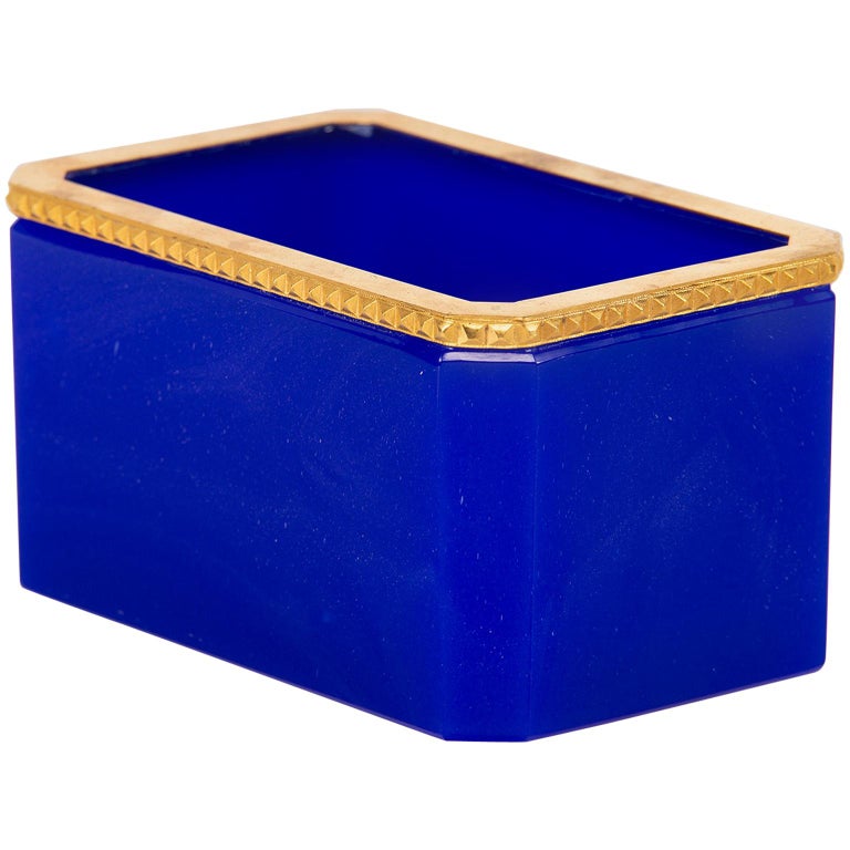 French Royal Blue Opaline Glass Box with Brass Mounts at 1stDibs