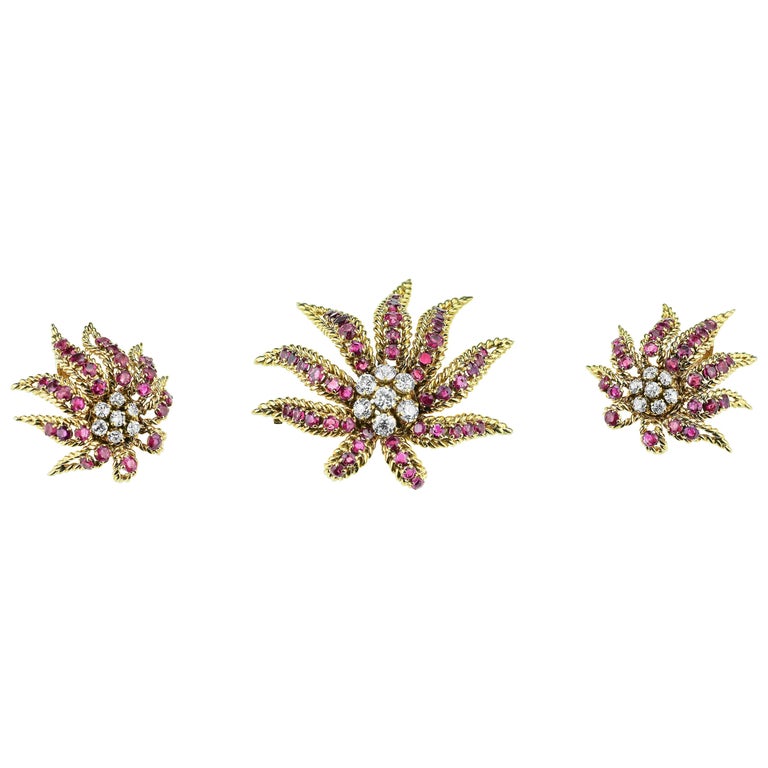 French Ruby, Diamond Demi Parure by Verger Frères at 1stDibs
