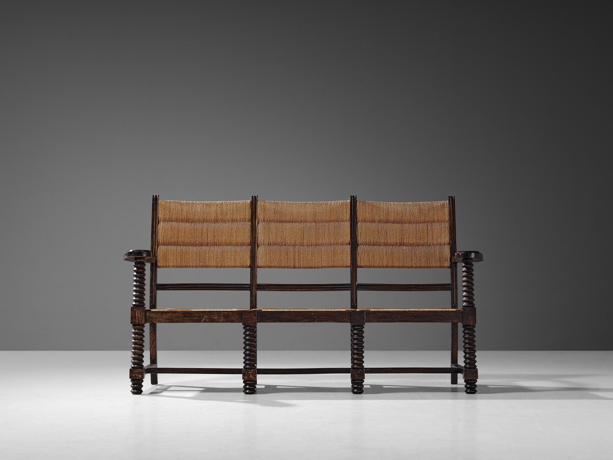 French Rustic Bench in Straw and Wood For Sale at 1stDibs
