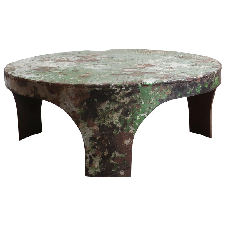 French Rustic Metal Round Coffee Table with Heavy Patina at 1stDibs