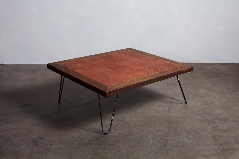 French Rustic Square Tile Table with Wood Frame on Hairpin Legs at 1stDibs
