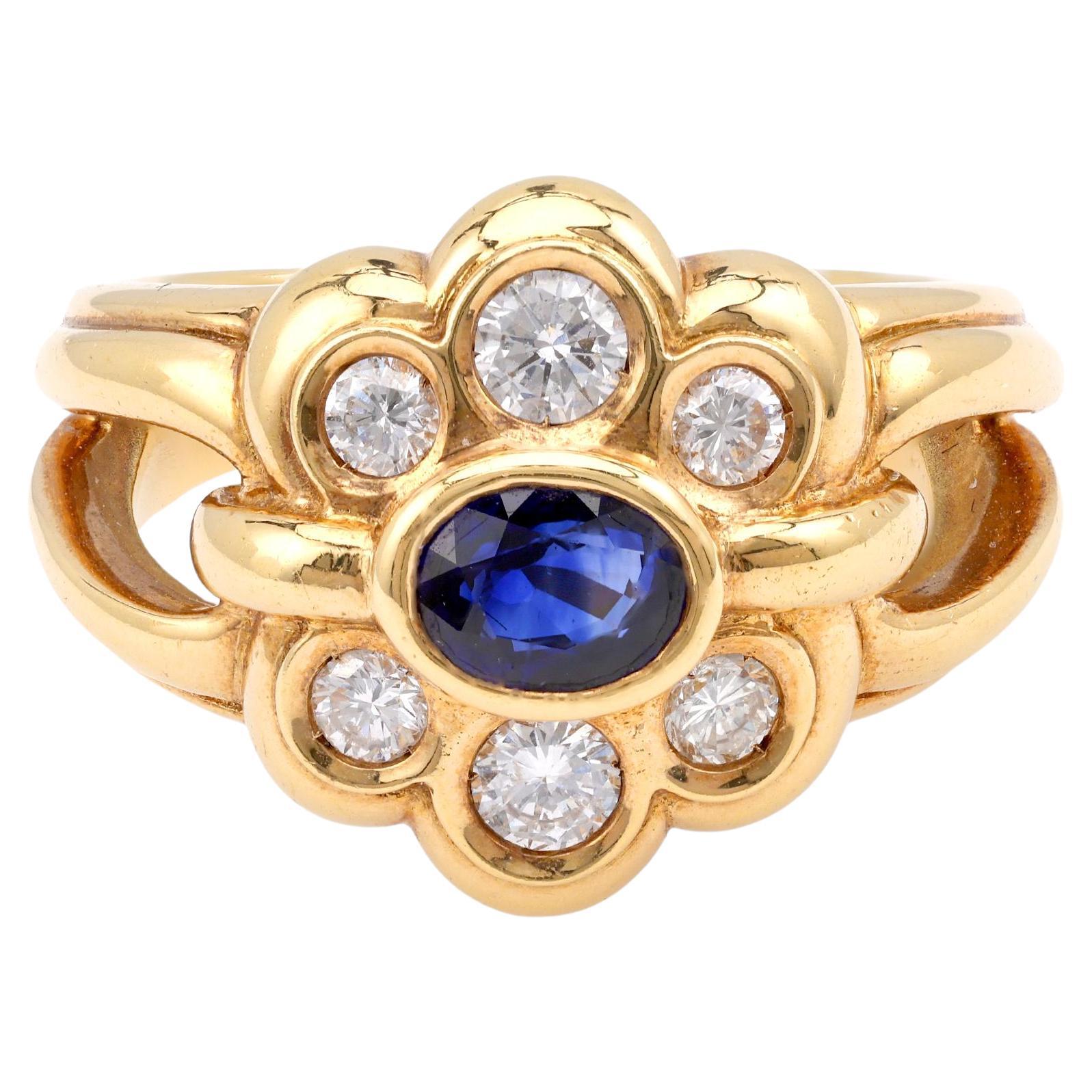 French Sapphire Diamond Yellow Gold Ring For Sale at 1stDibs