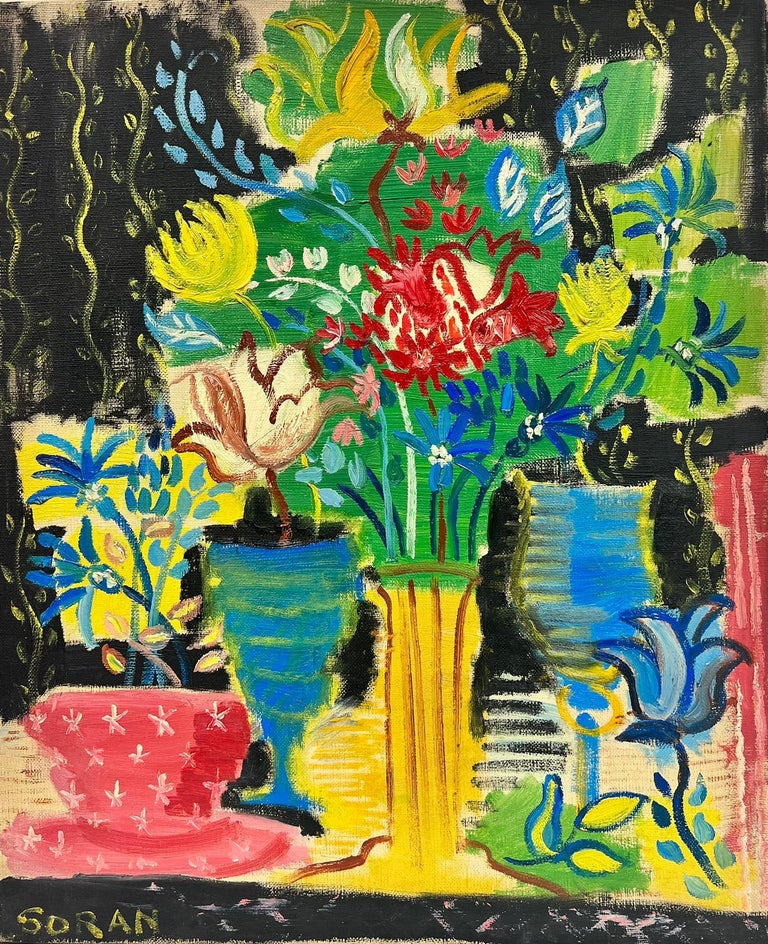 French School - 1950’s French Modernist Signed Oil Flowers in Vase ...