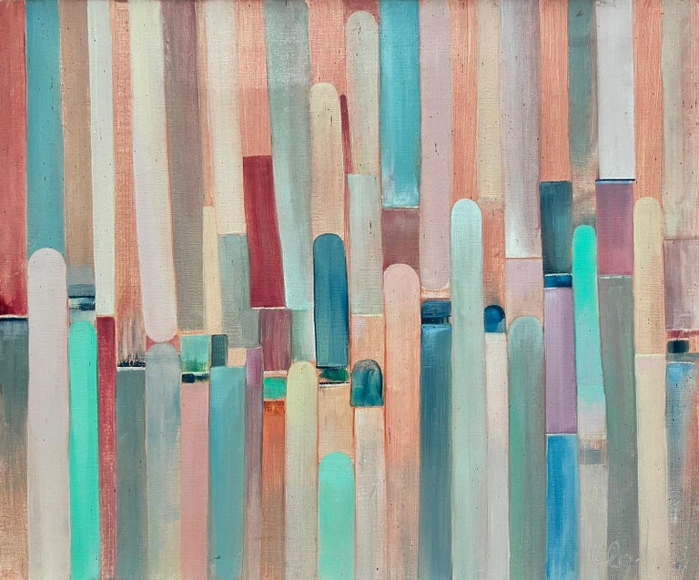 French School - 1970’s French Abstract Shapes Oil Painting in Pastel ...