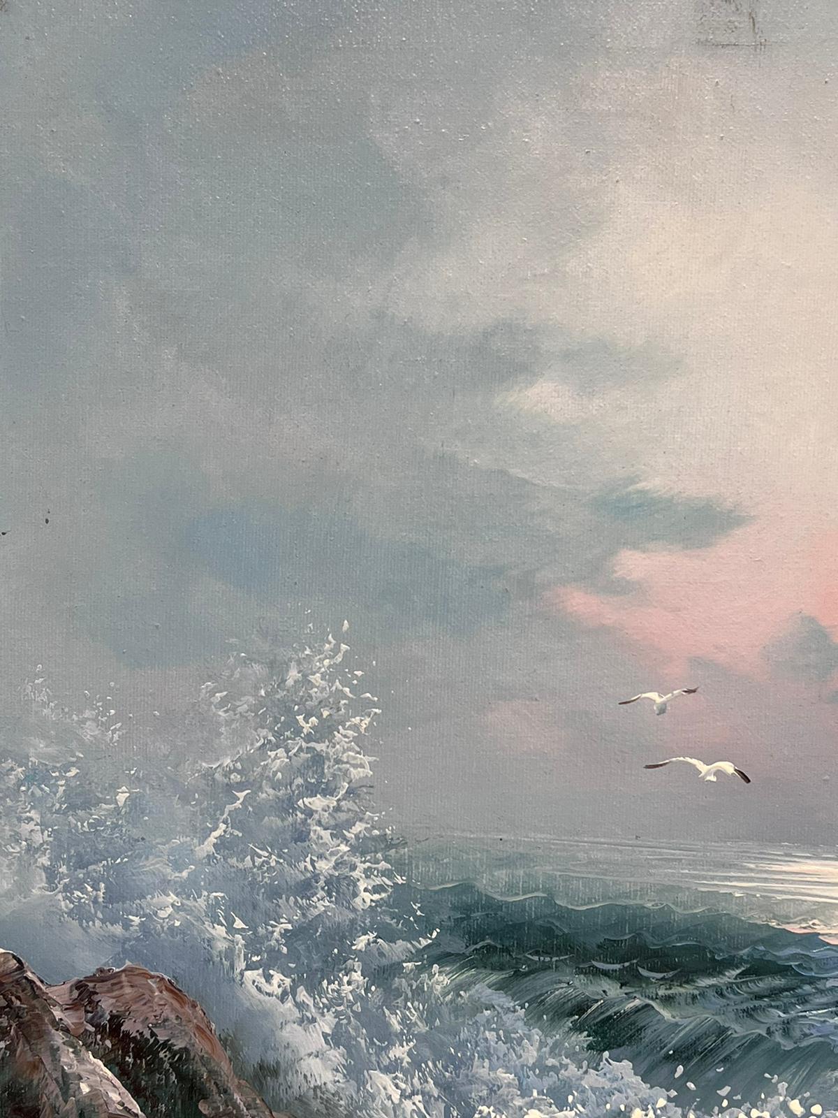French School - Crashing Waves Foaming Sea Seagulls Signed French 20th ...