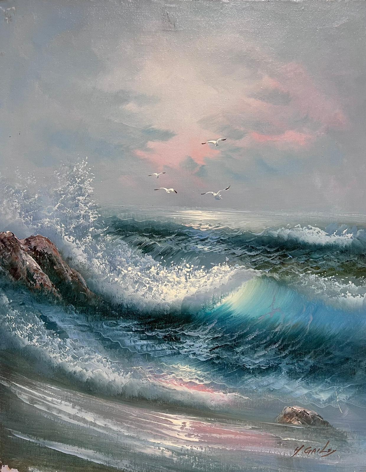 French School - Crashing Waves Foaming Sea Seagulls Signed French 20th century oil painting For ...