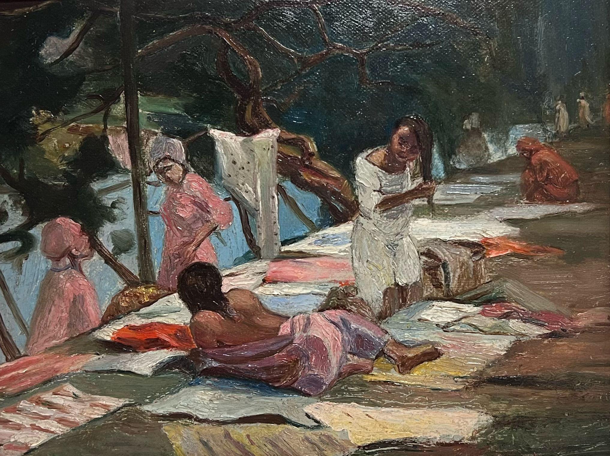 French School - 1930's French Oil Girls Sunbathing Beside River Drying ...
