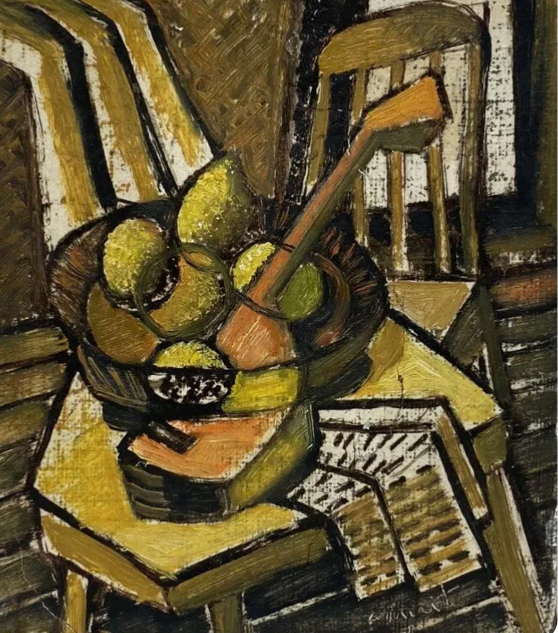 French Cubist - 1950's French Cubist Signed Oil Interior Guitar and ...