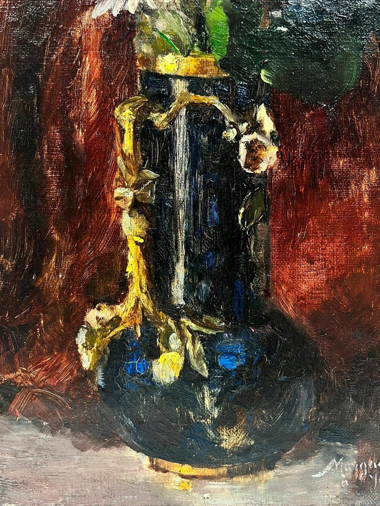 French School - 1890's French Impressionist Signed Oil Still Life Flowers in Vase Beautiful Work ...