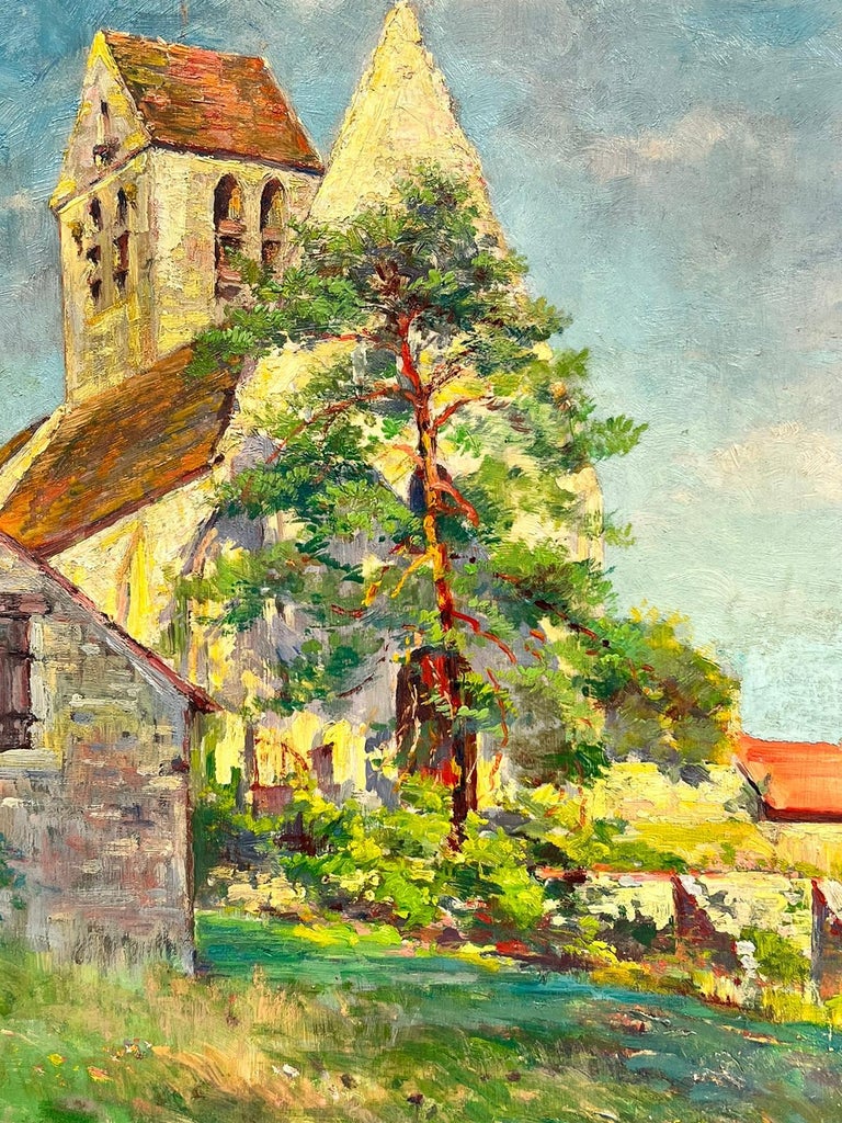 French School - 1950’s French Impressionist Oil Bright Church in Town ...