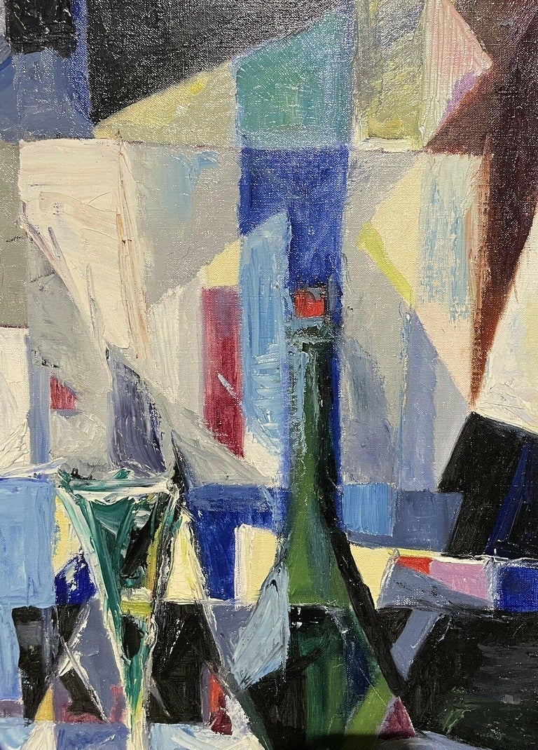 20TH CENTURY FRENCH CUBIST SIGNED OIL - STILL LIFE INTERIOR SCENE WITH ...