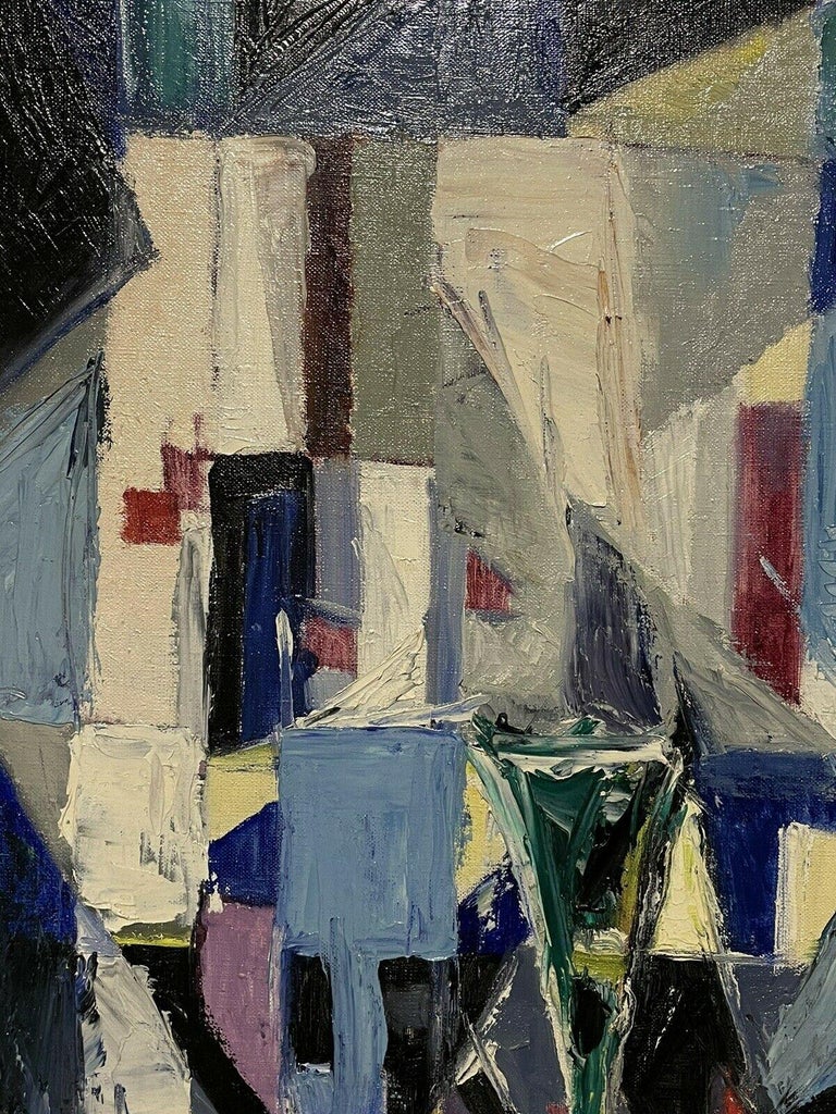 20TH CENTURY FRENCH CUBIST SIGNED OIL - STILL LIFE INTERIOR SCENE WITH ...