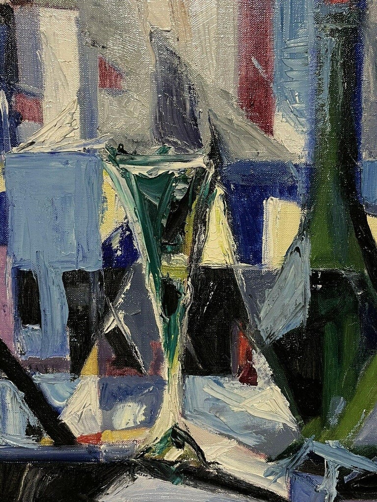 20TH CENTURY FRENCH CUBIST SIGNED OIL - STILL LIFE INTERIOR SCENE WITH ...