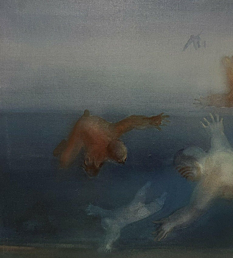 Unknown - Huge 1970's French Surrealist Signed Oil Floating Figures in ...