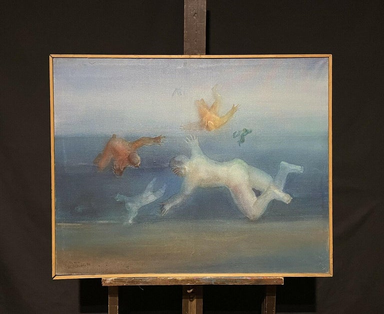 Unknown - Huge 1970's French Surrealist Signed Oil Floating Figures in ...