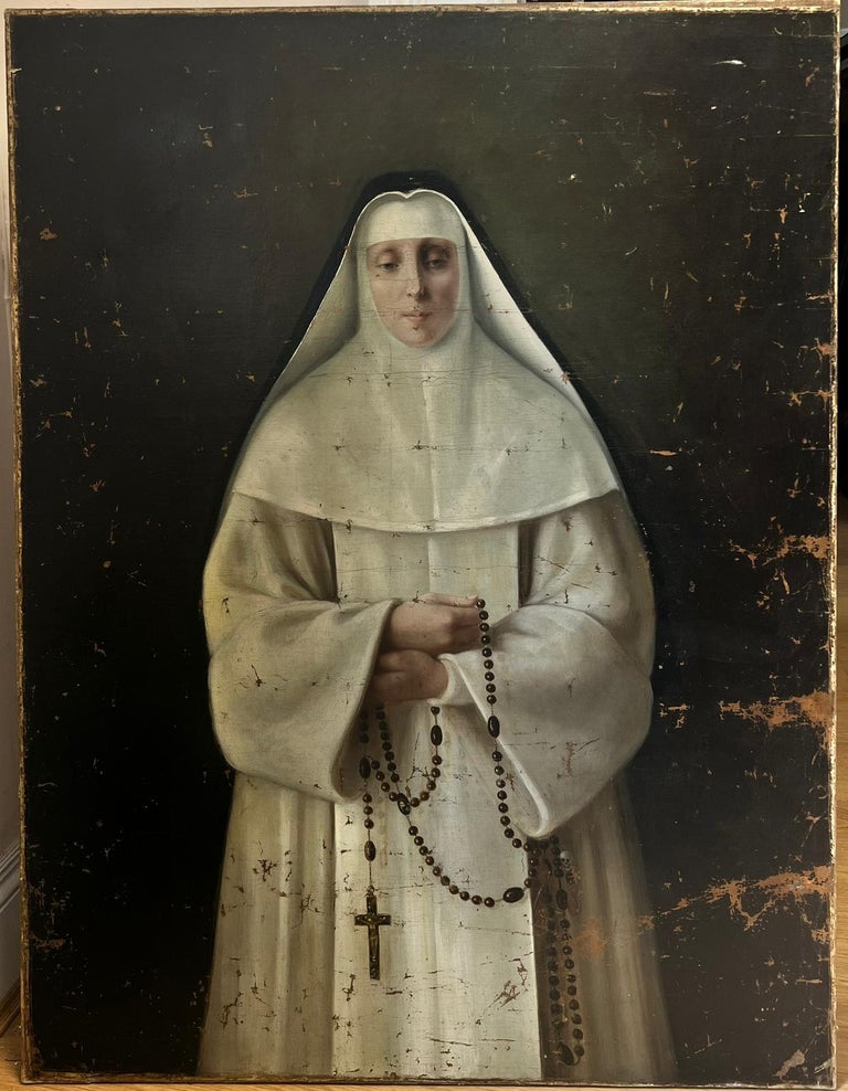 French School - Énorme portrait à l'huile d'une nonne française du XIXe ...