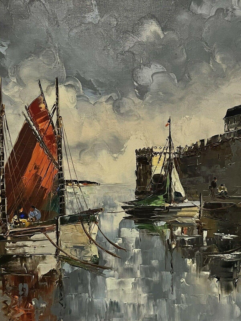 French School - 1950's French Signed Oil, Fishing Boats in Old Harbour ...