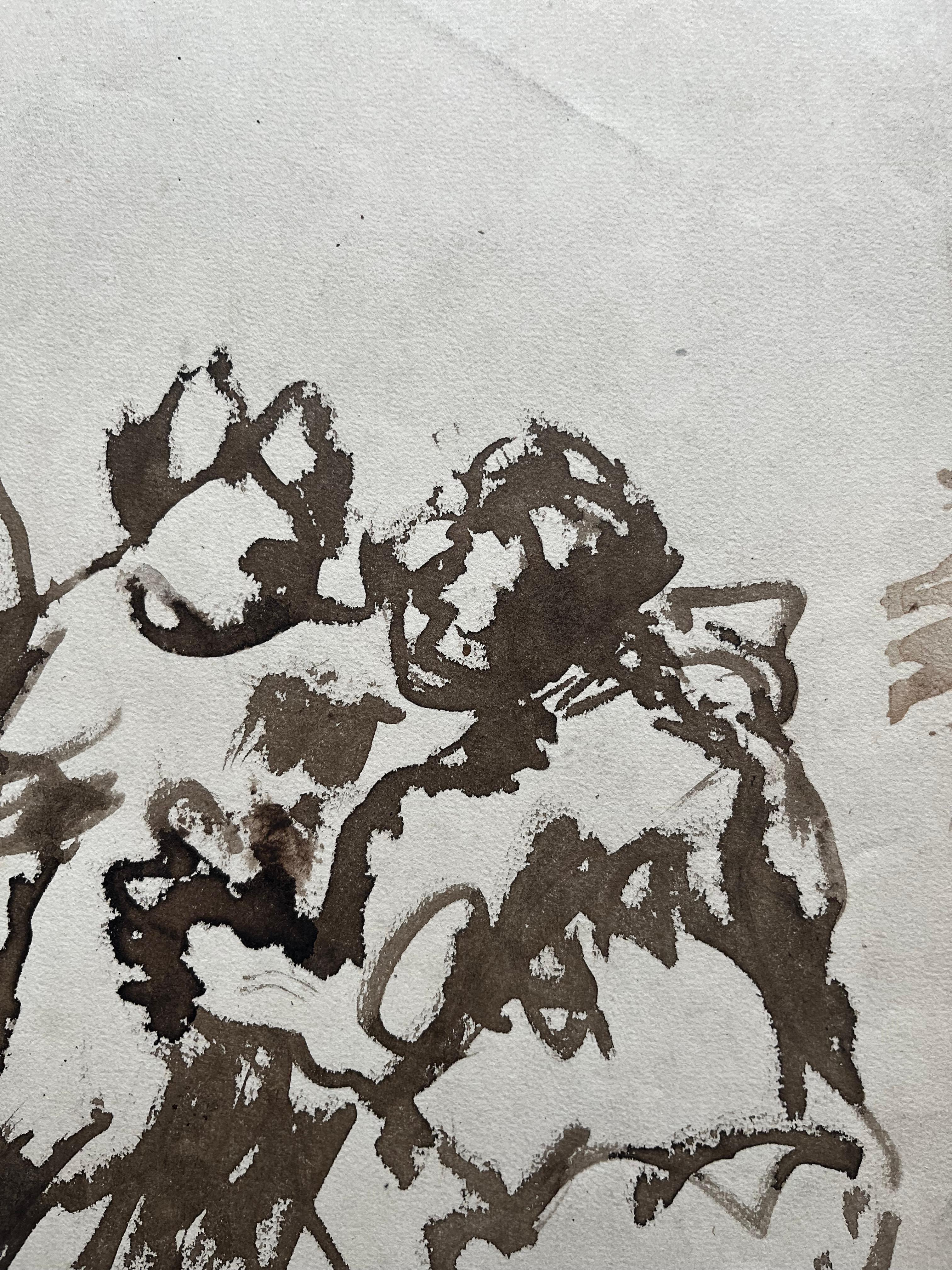 French School - Mid Century Expressionist Two Figures in Motion Ink ...