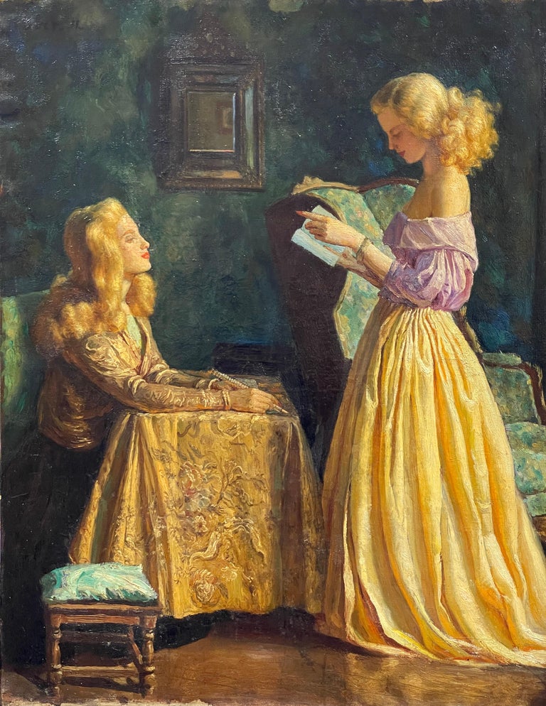 The Love Letter, Signed French Oil Interior Room Scene Two Sisters ...
