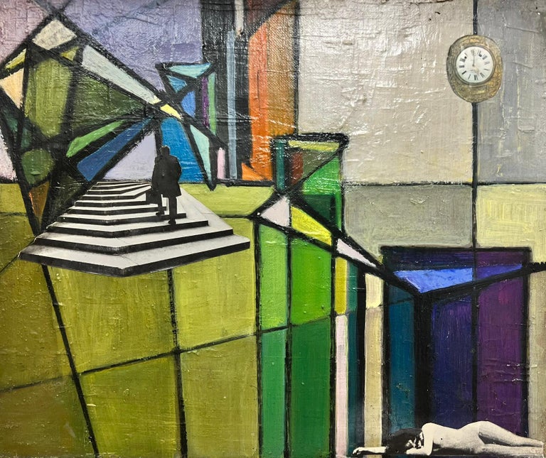 French School - 1960’s French Surrealist Abstract Collage Oil Painting ...