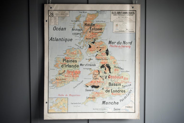 French School Map of Uk, Double-Sided For Sale at 1stDibs