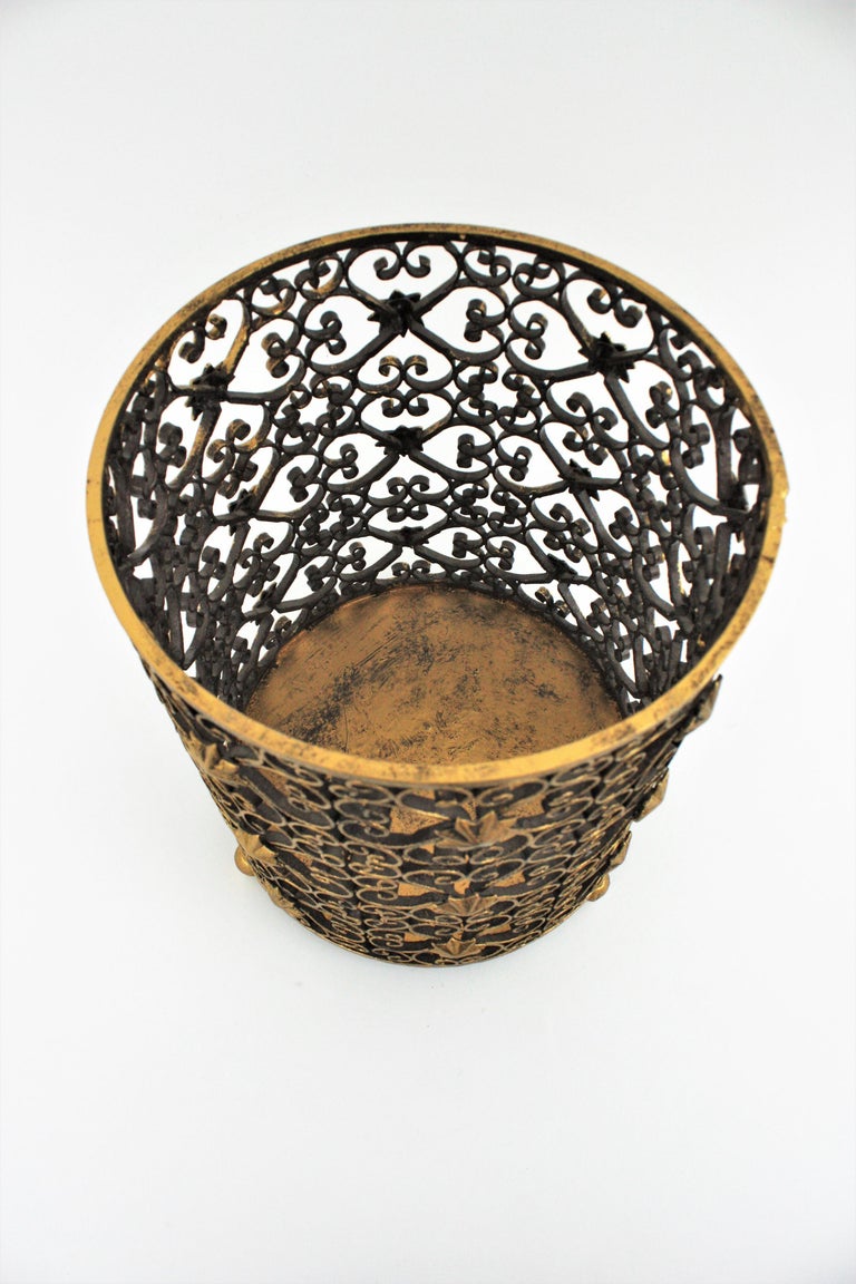 French Scrollwork Waste Basket Bin in Gilt Wrought Iron with Star ...