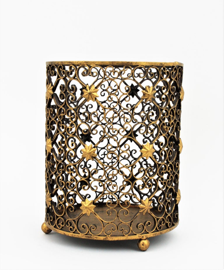 French Scrollwork Waste Basket Bin in Gilt Wrought Iron with Star ...