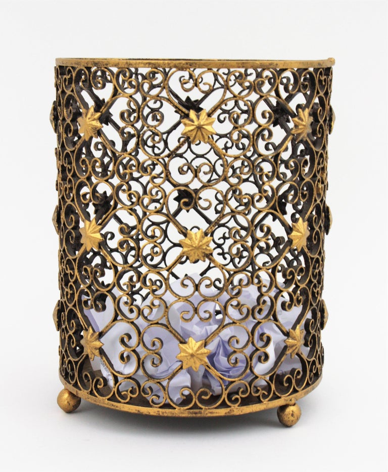 French Scrollwork Waste Basket Bin in Gilt Wrought Iron with Star ...