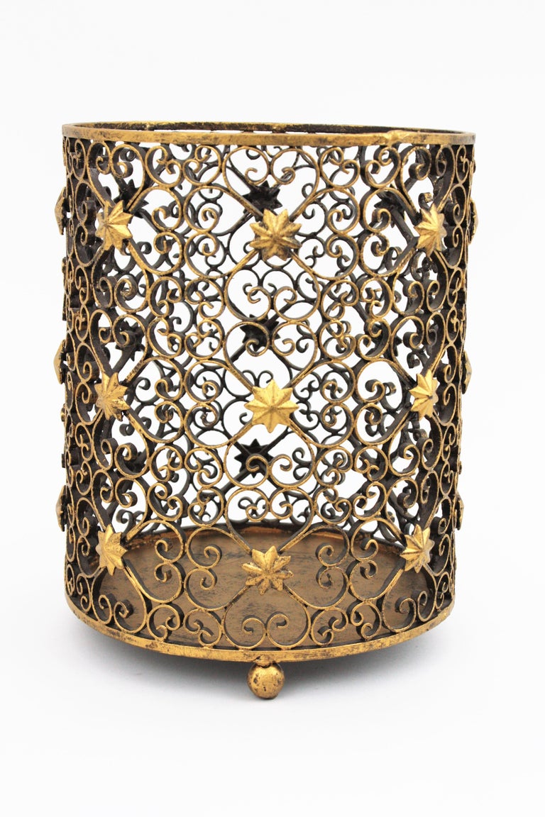 French Scrollwork Waste Basket Bin in Gilt Wrought Iron with Star ...