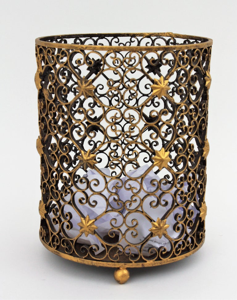 French Scrollwork Waste Basket Bin in Gilt Wrought Iron with Star ...