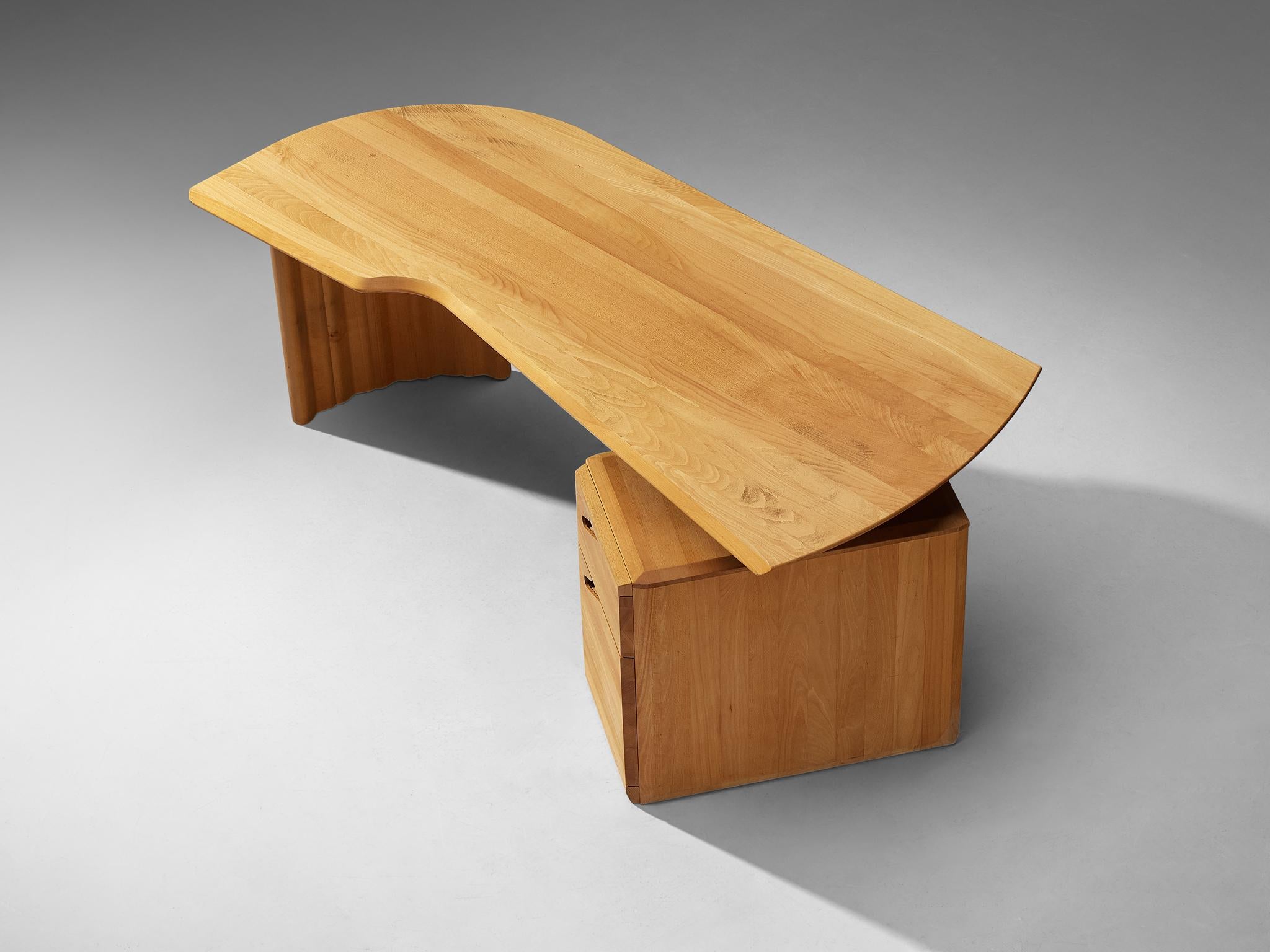 French Seltz Curved Writing Desk in Solid Elm For Sale at 1stDibs