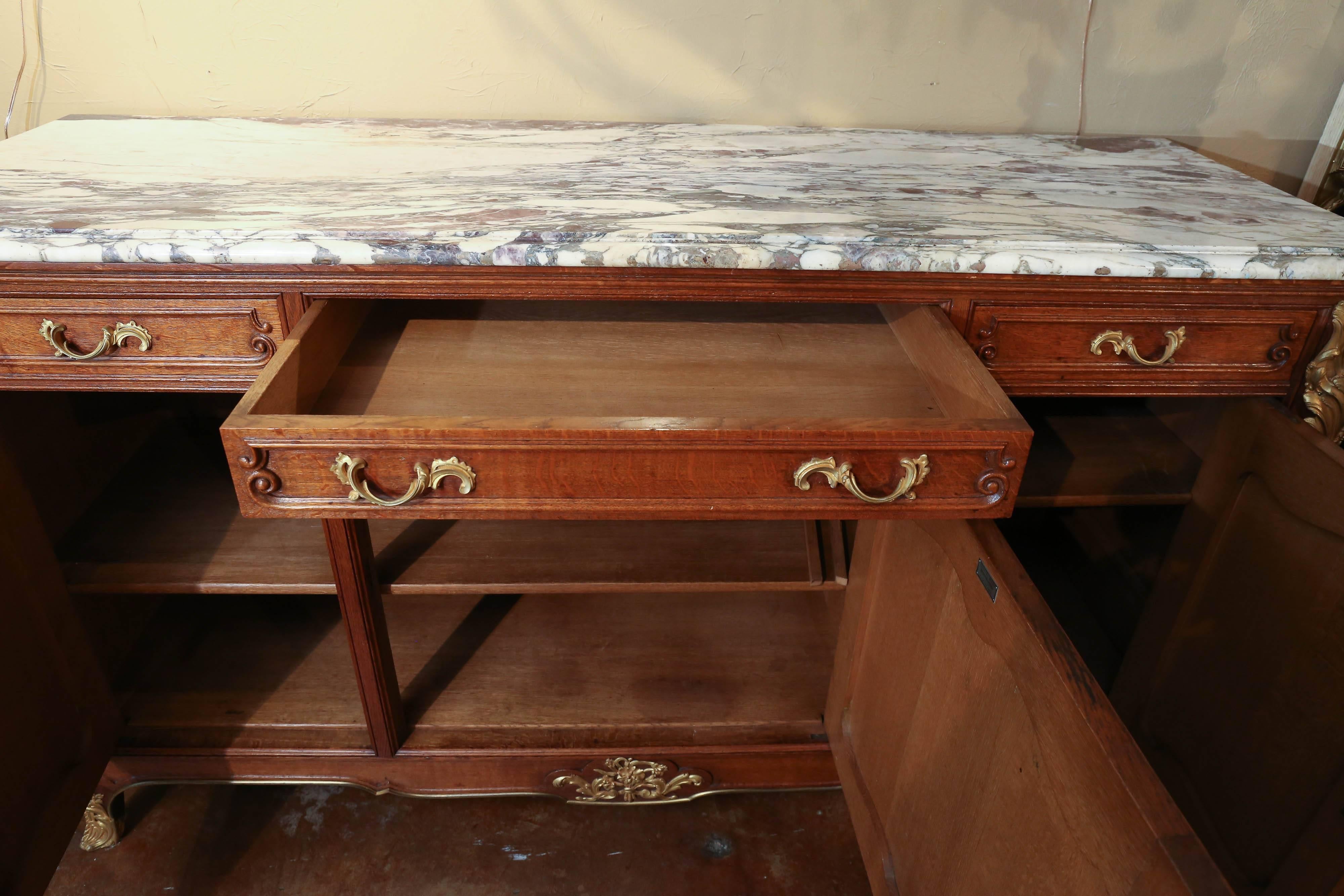 French Server Signed Haentges, Paris Gilt Bronze-Mounted Oak and Marble ...