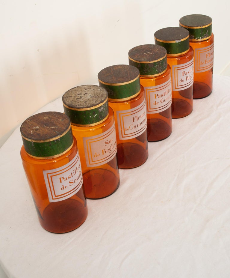 French Set of 6 Amber Glass Storage Containers For Sale at 1stDibs
