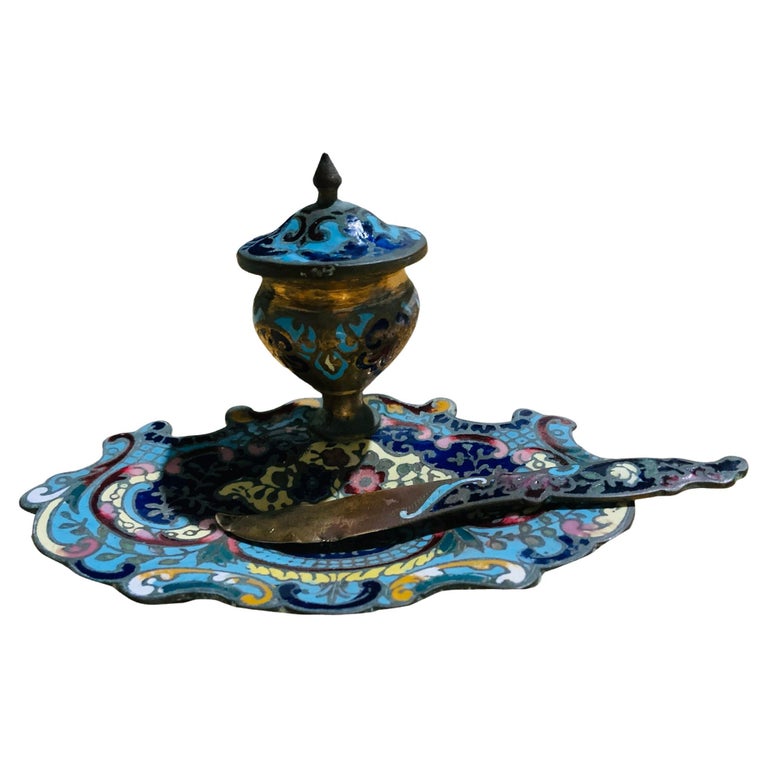 French Set of Champleve Enameled Small Inkwell and Letter Opener For ...