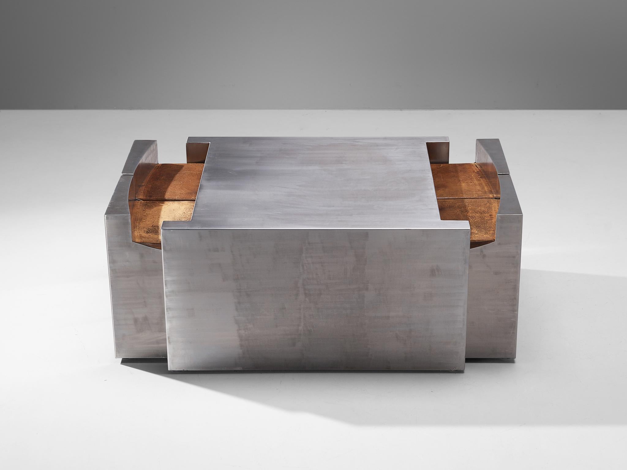 French Set of Coffee Table and Chairs in Stainless Steel and Leather ...