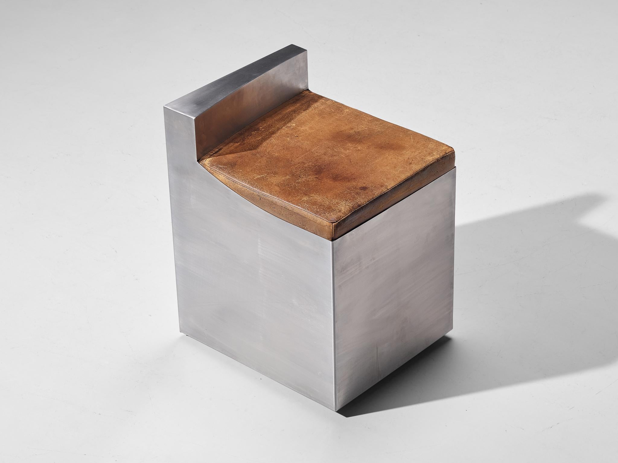 French Set of Coffee Table and Chairs in Stainless Steel and Leather ...