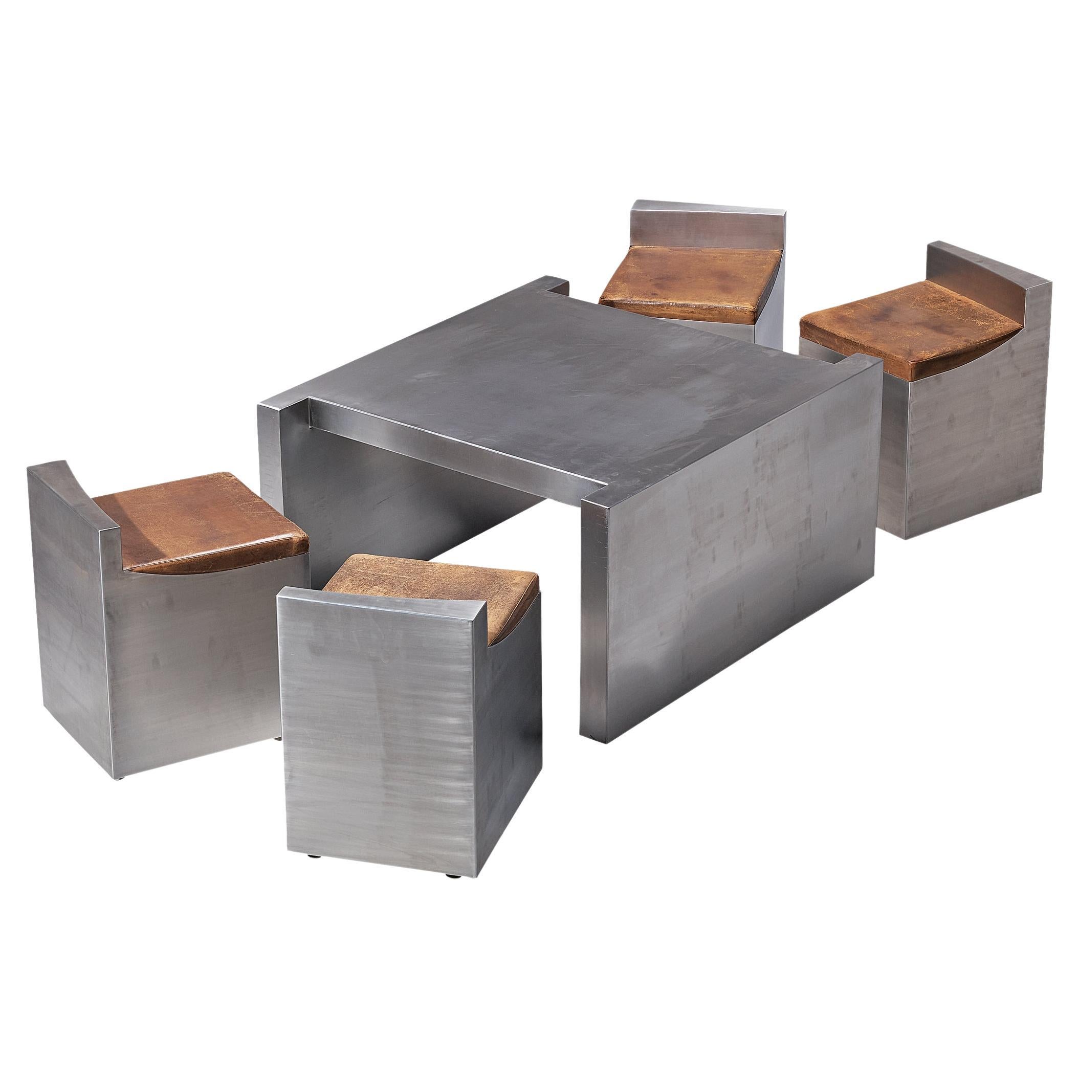 French Set of Coffee Table and Chairs in Stainless Steel and Leather ...