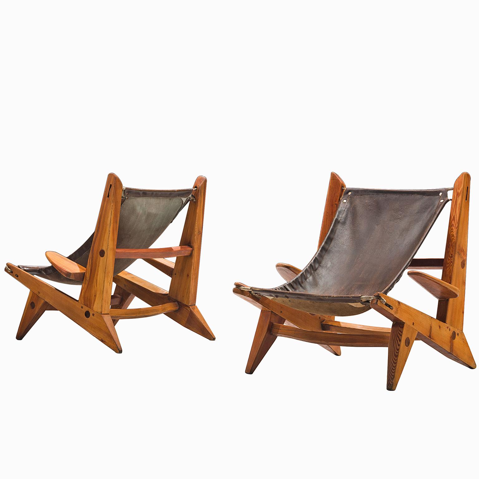 French Set of Pine and Leather Hunting Chairs For Sale at 1stDibs