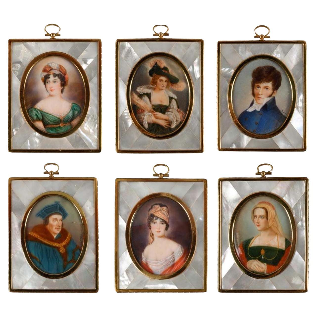 French Set of Six Mother of Pearl Miniature Portraits For Sale at 1stDibs