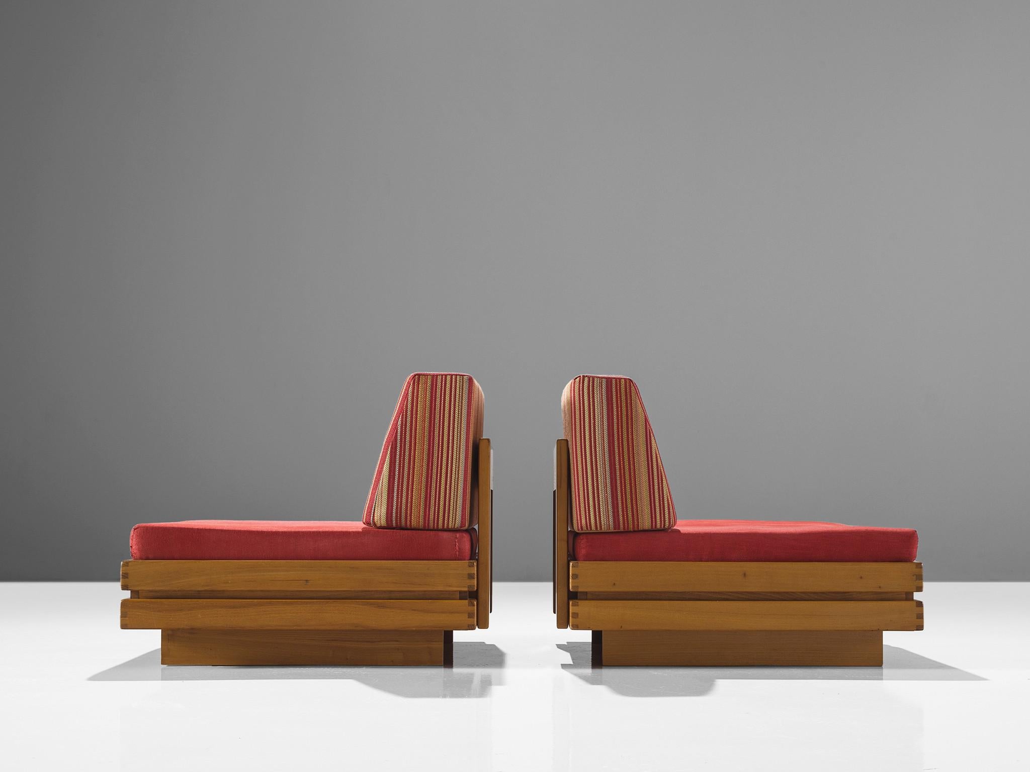 French Pair of Modular Lounge Chairs in Elm and Red Upholstery For Sale ...