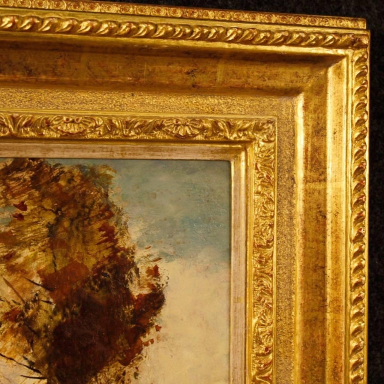 French Signed Painting Oil on Board Landscape with Characters from 20th ...