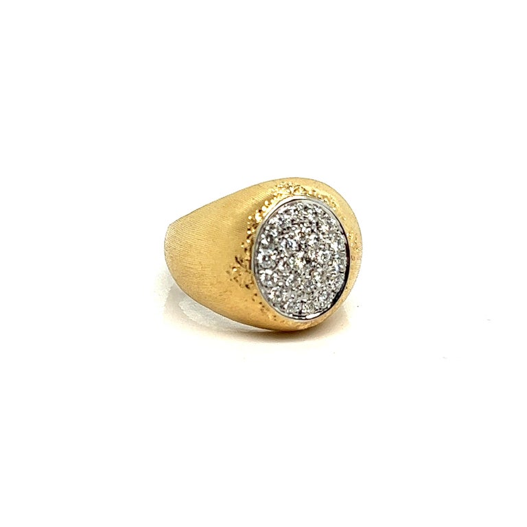French Signet Ring Brushed Lightly Chiseled Flowers Surmounted Diamonds ...