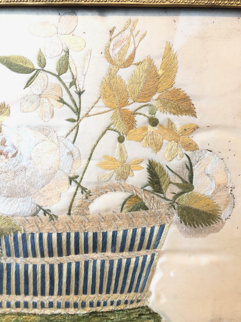 French Silk Needlepoint of Flowers in Basket For Sale at 1stDibs