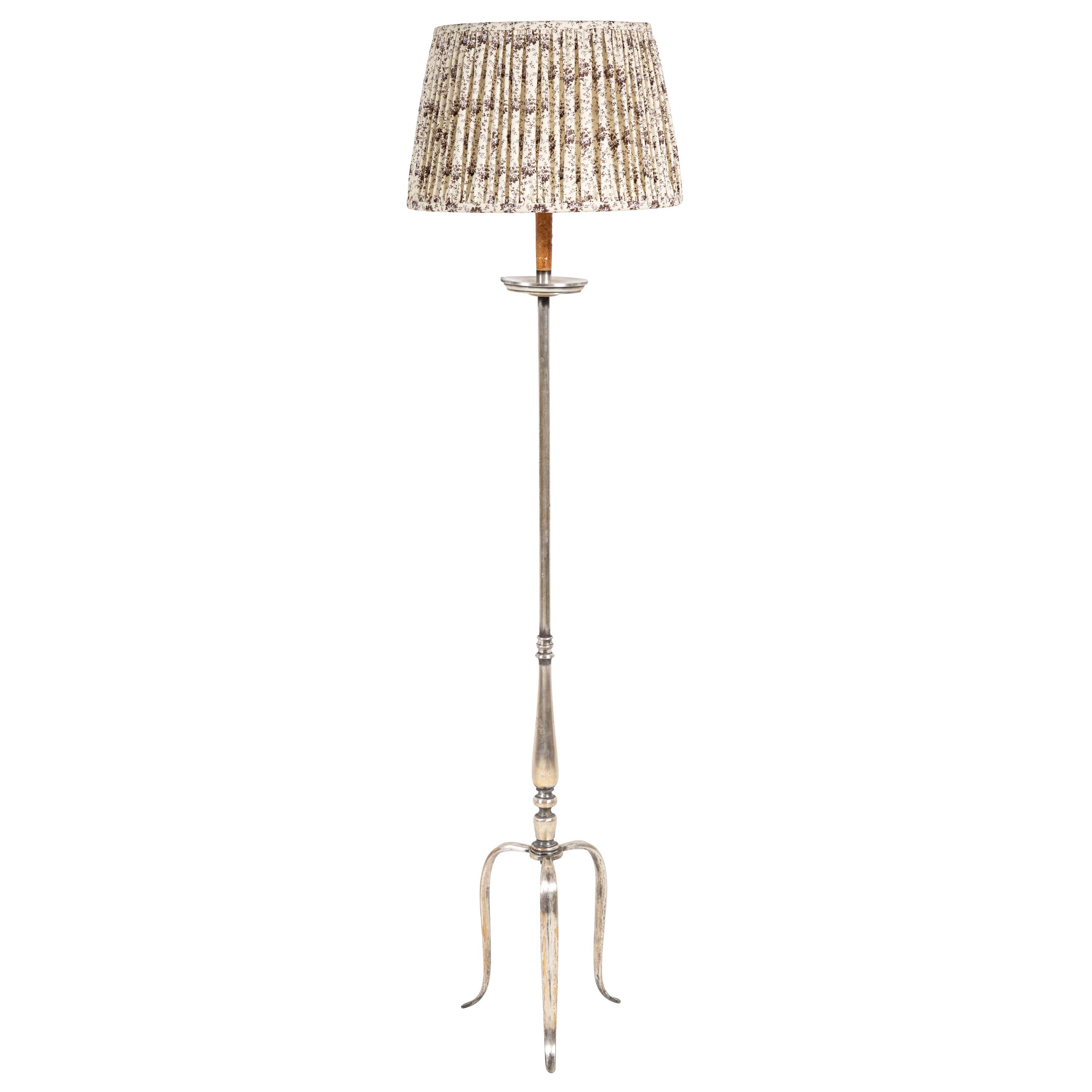 French Silver Floor Lamp with Custom Floral Shade at 1stDibs