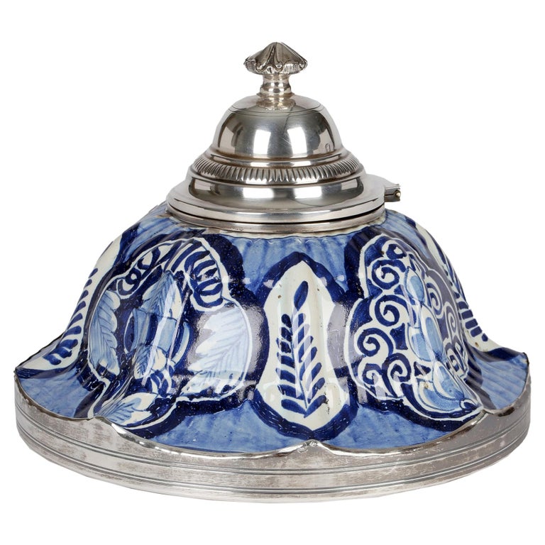 French Silver Mounted Blue and White Pottery Faience Inkwell For Sale ...