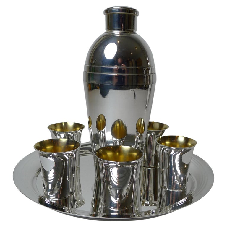 French Silver Plated Cocktail Shaker Set With Tray and Cups c.1940 For ...